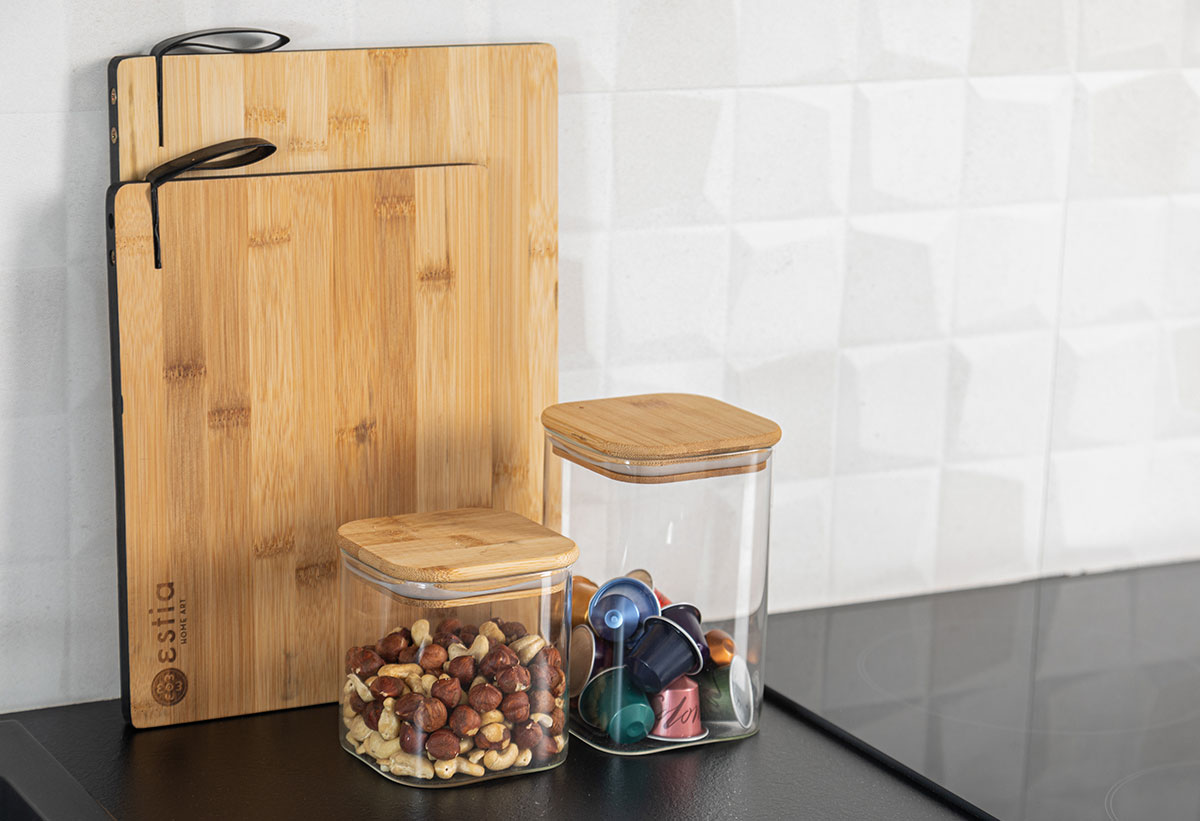 Estia Home Art Δοχείο Αποθήκευσης Bamboo Essentials Γυάλινο Διάφανο ...